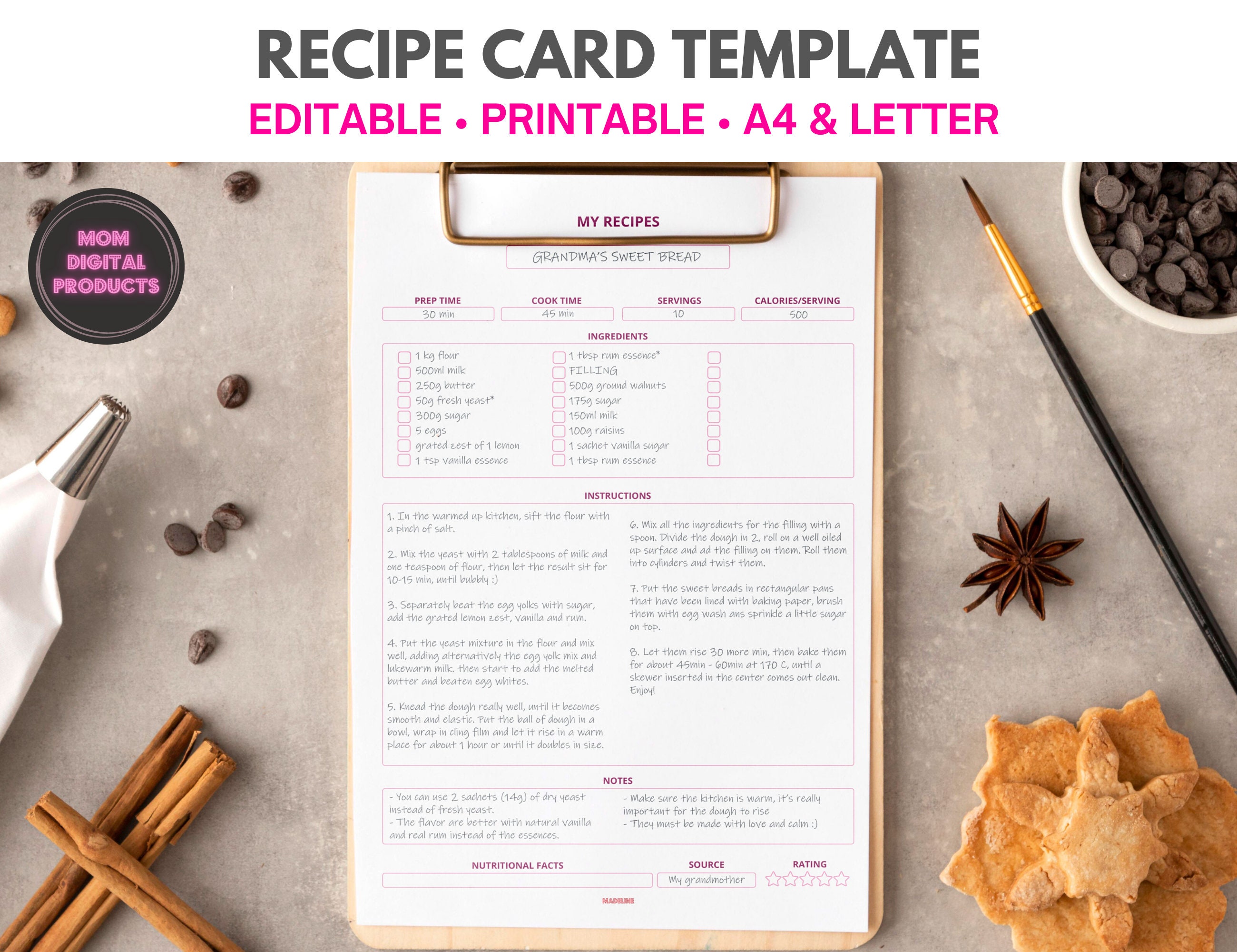 Recipe Card Template, Editable Pdf - Etsy
