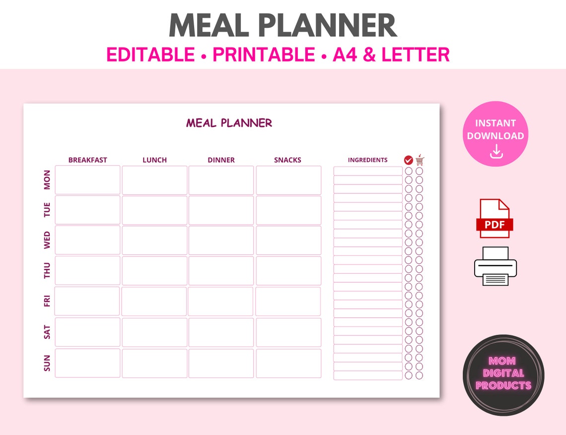 Printable Meal Planner Editable Pdf - Etsy