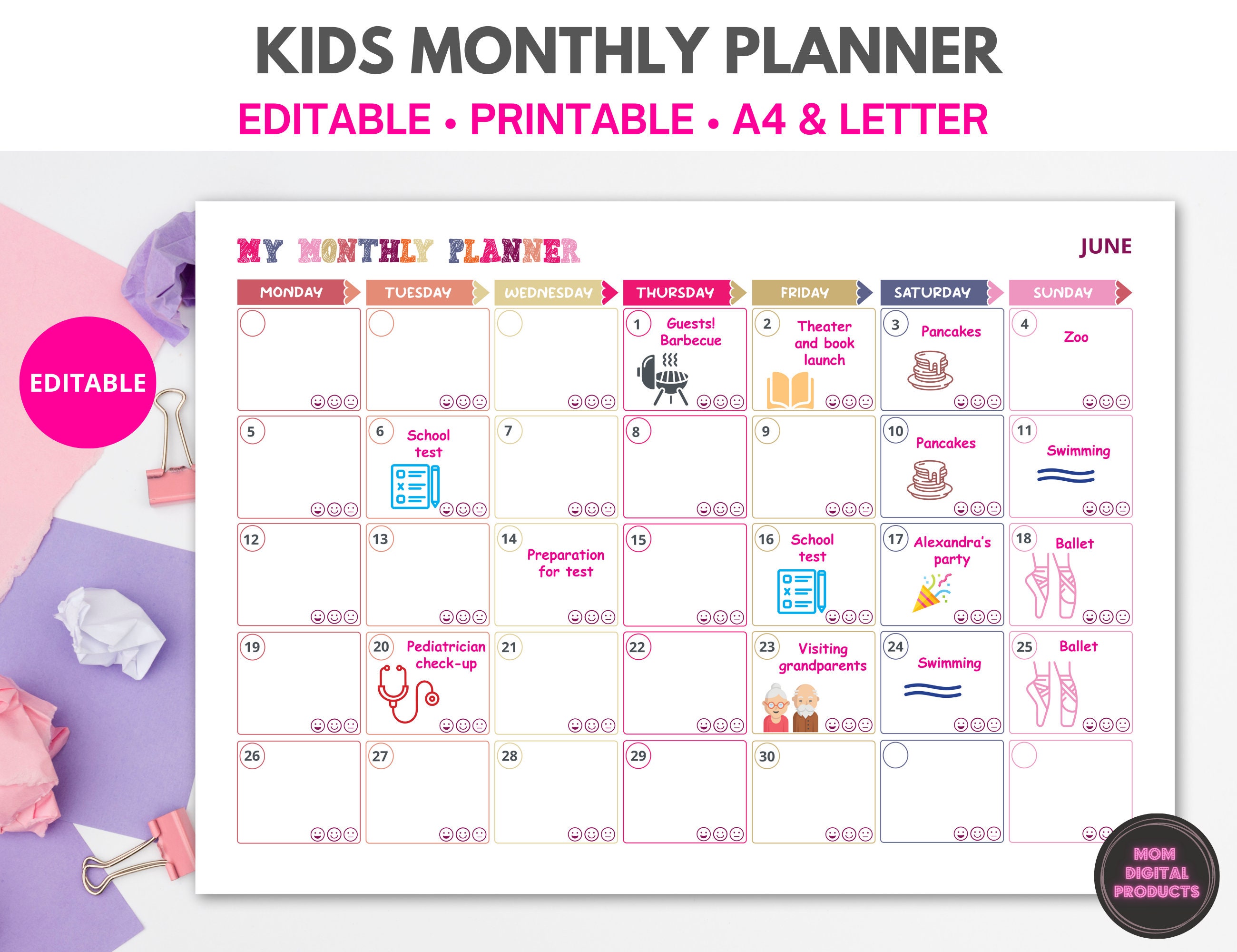 Kids Monthly Planner, Printable Planner, Editable Pdf - Etsy