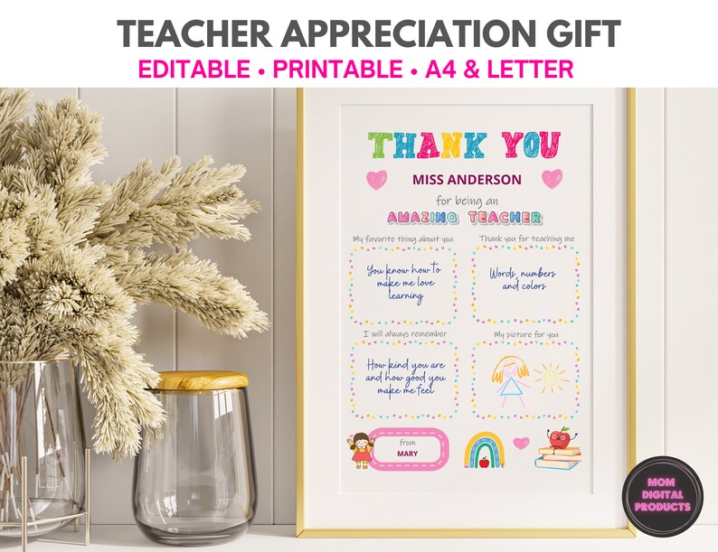 Teacher Appreciation Printable Gift, Editable Pdf - Etsy