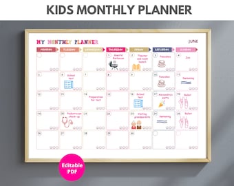 Editable Kids Calendar Printable, Toddler Monthly Chart, Kids Daily ...