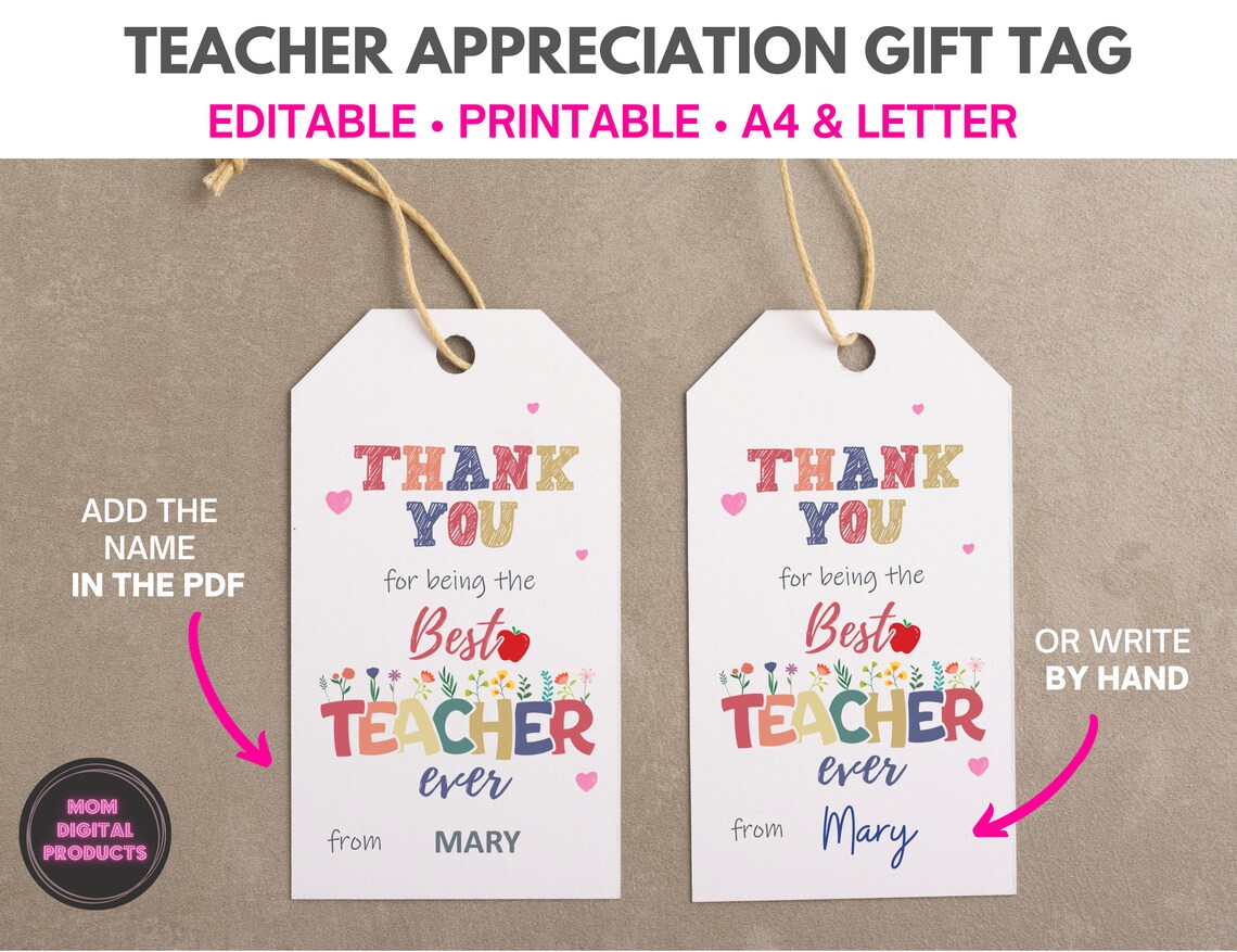 Teacher Appreciation Gift Tag, Editable Gift Tag, Editable Pdf - Etsy