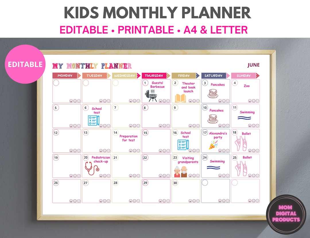 Kids Monthly Planner Printable Planner Editable Pdf - Etsy