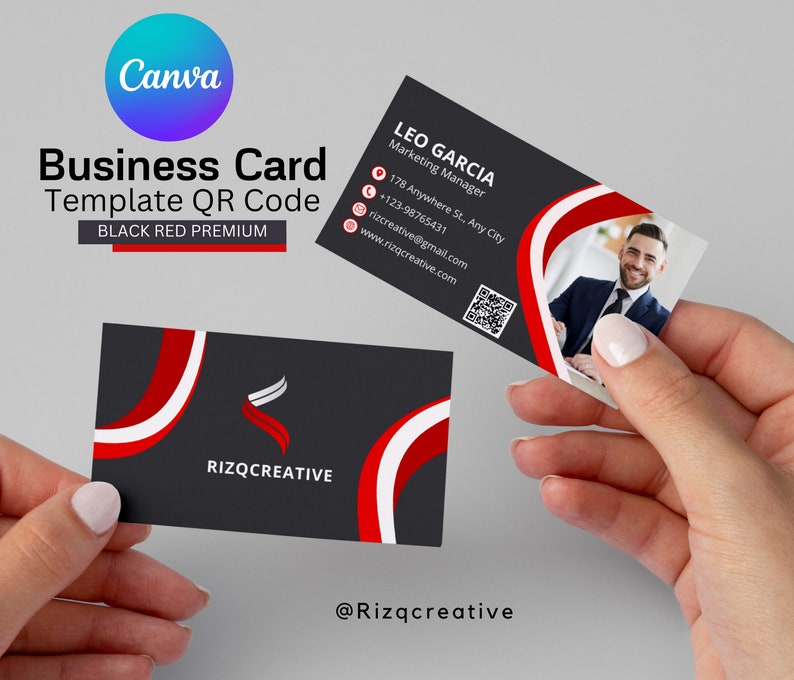 Business Card Template QR Code Black Red Premium, Instant Download ...