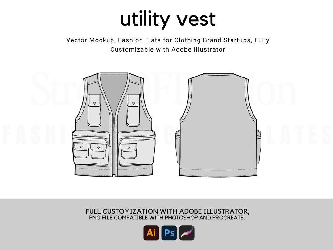 Streetwear Utility Vest Mockup Template - Flat Technical CAD Drawing ...