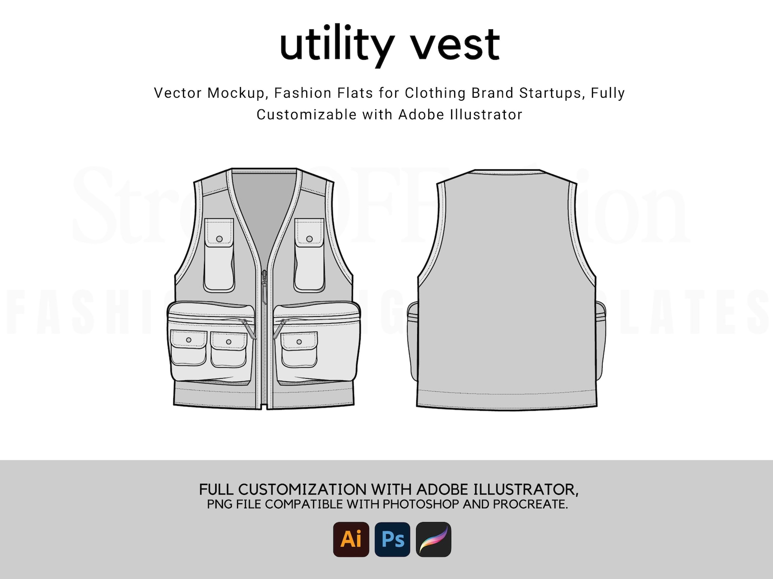 Streetwear Utility Vest Mockup Template - Flat Technical CAD Drawing ...