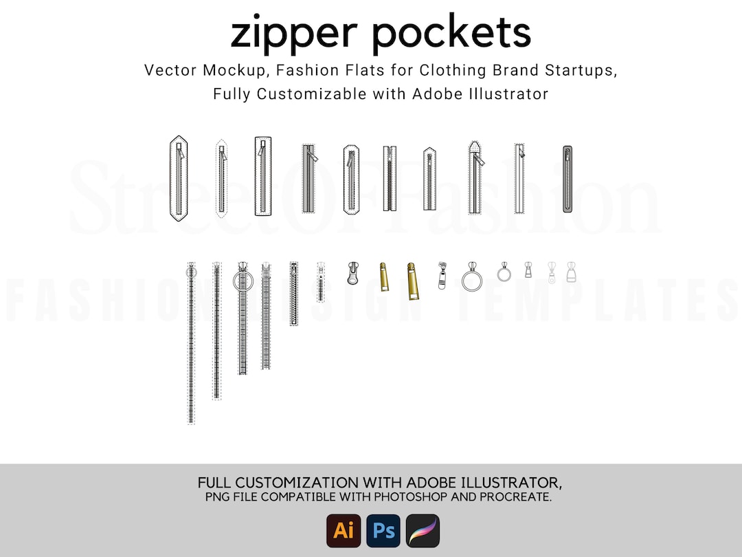 Zipper Pockets and Zippers Flat Technical Drawing Illustration Classic ...