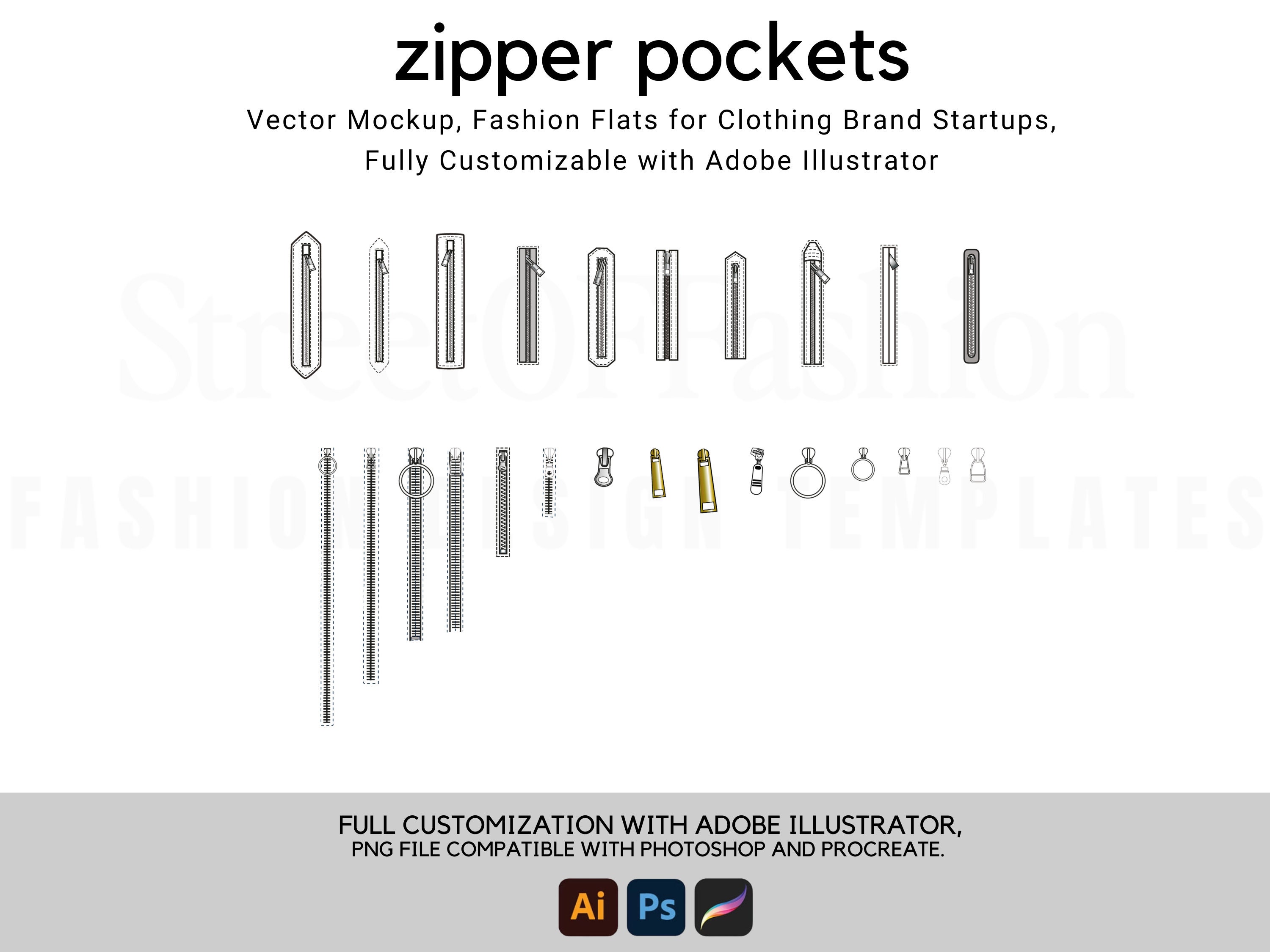 Zipper Pockets and Zippers Flat Technical Drawing Illustration Classic ...