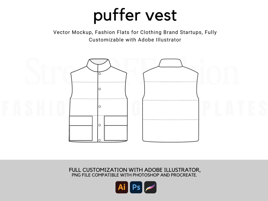 Puffer Vest Flat Technical Drawing: Streetwear Mock-up Template - Etsy