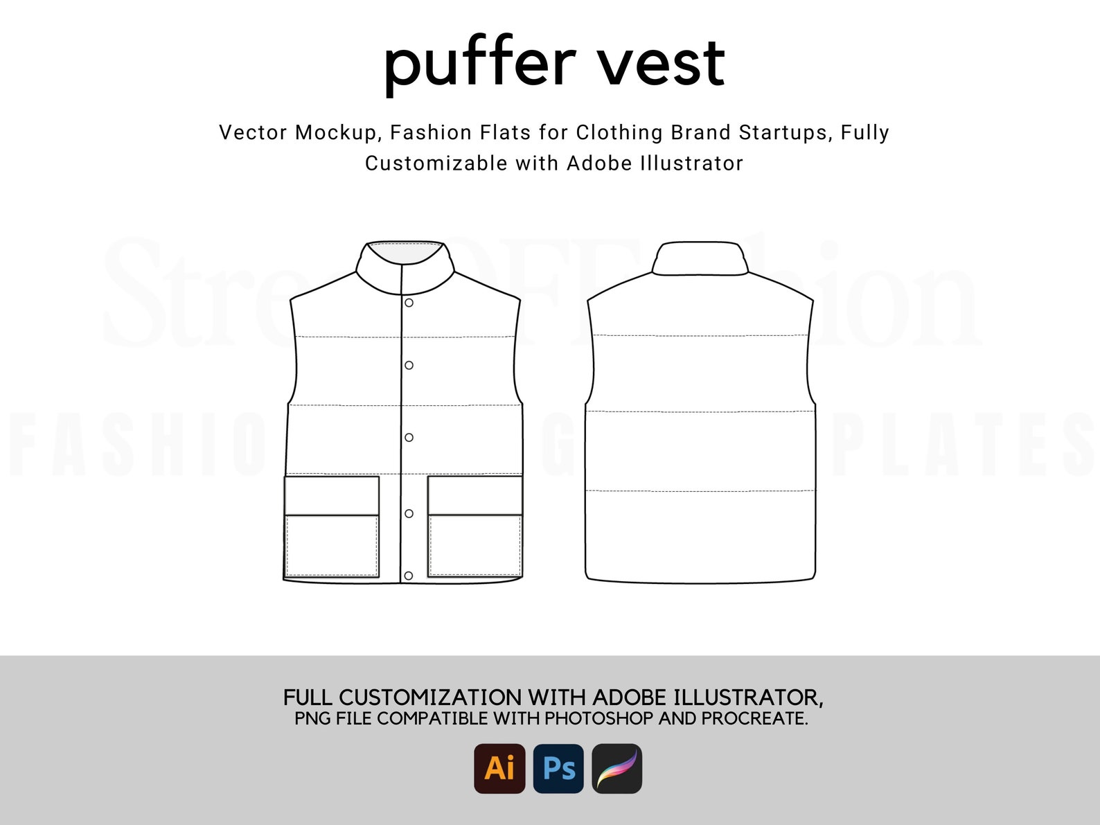Puffer Vest Flat Technical Drawing: Streetwear Mock-up Template - Etsy