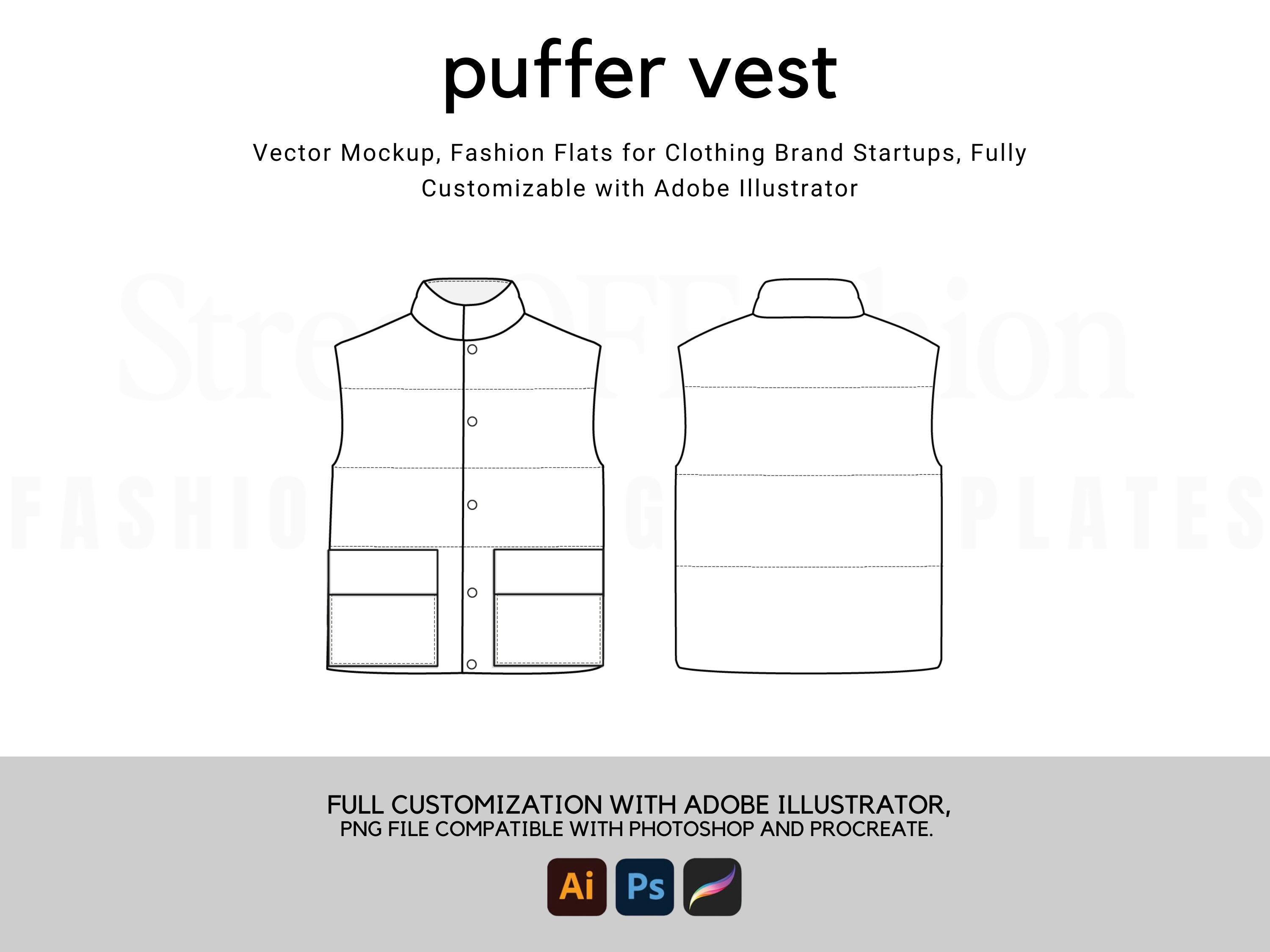 Puffer Vest Flat Technical Drawing: Streetwear Mock-up Template - Etsy