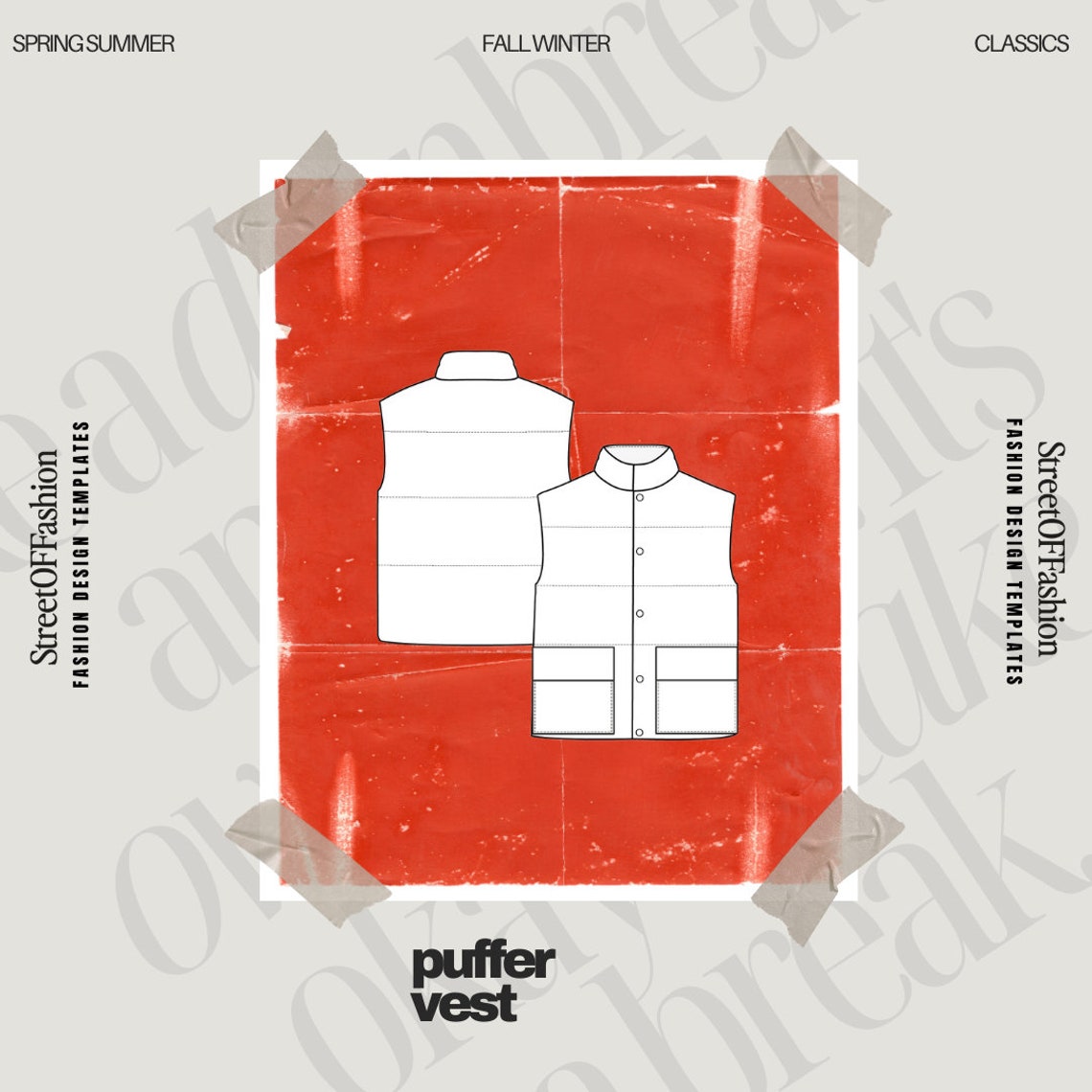 Puffer Vest Flat Technical Drawing: Streetwear Mock-up Template - Etsy