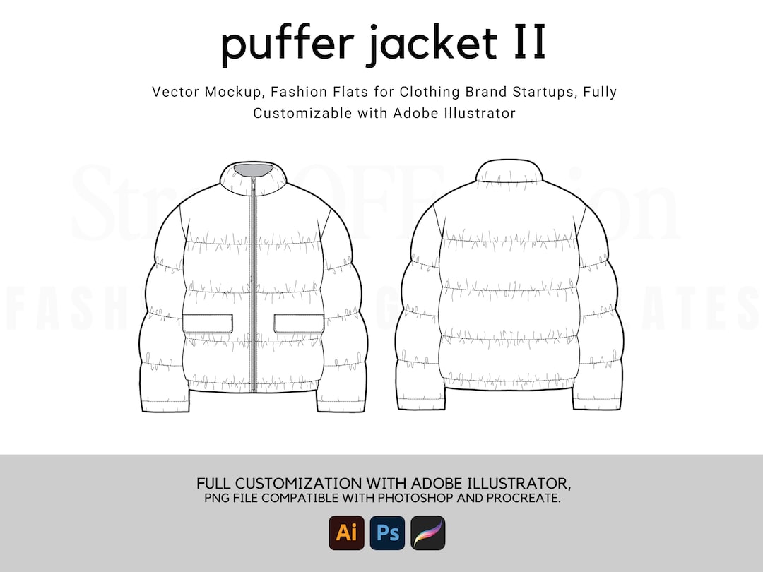 Puffer Jacket V2 - Fashion Design Digital Template - Flat Sketch Tech ...