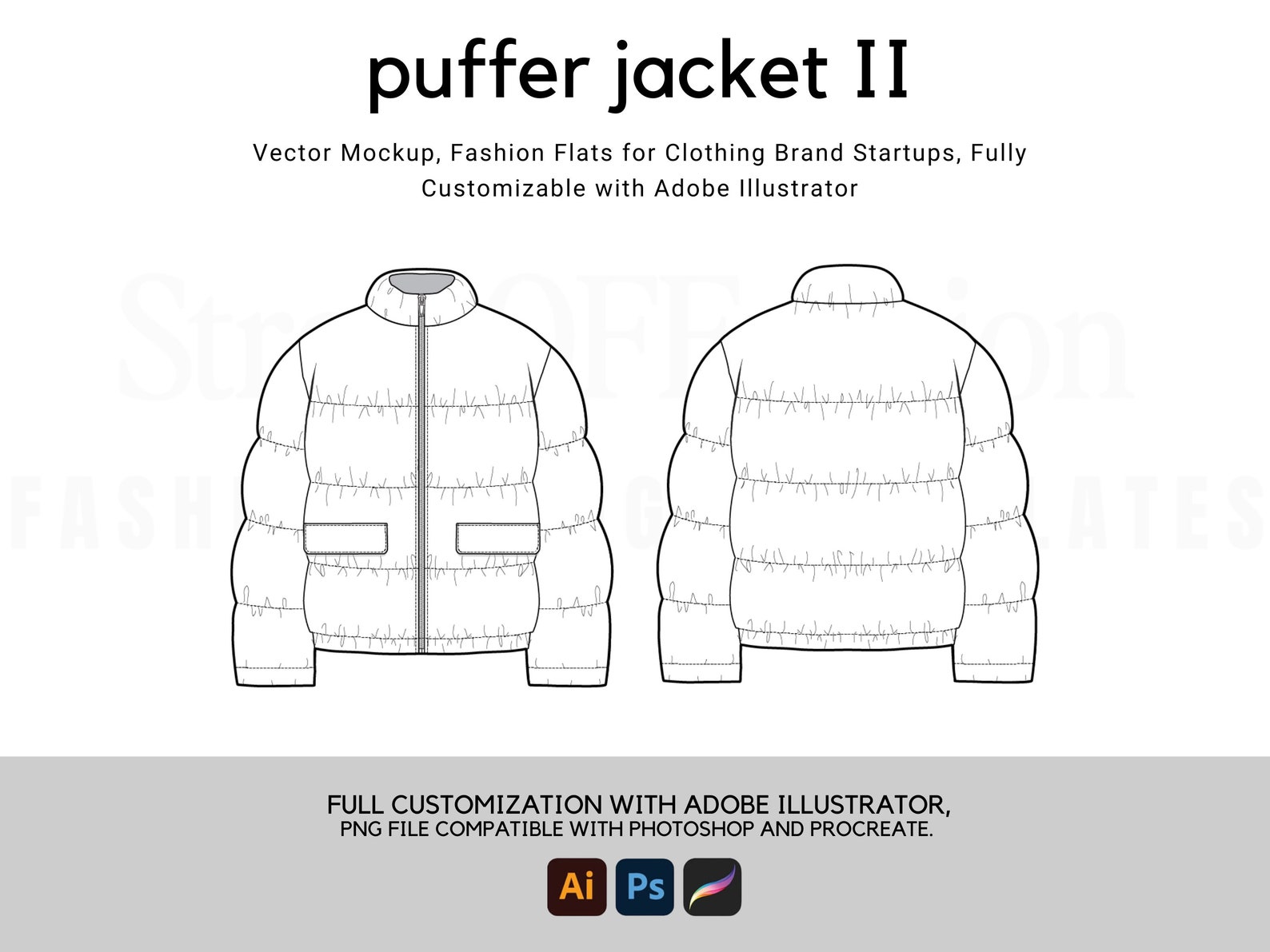 Puffer Jacket V2 - Fashion Design Digital Template - Flat Sketch Tech ...