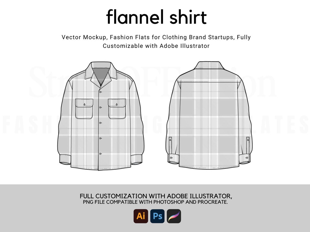 Flannel Shirt Flat Technical Drawing: Streetwear Design Template - Etsy