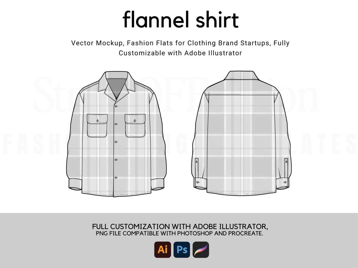 Flannel Shirt Flat Technical Drawing: Streetwear Design Template - Etsy
