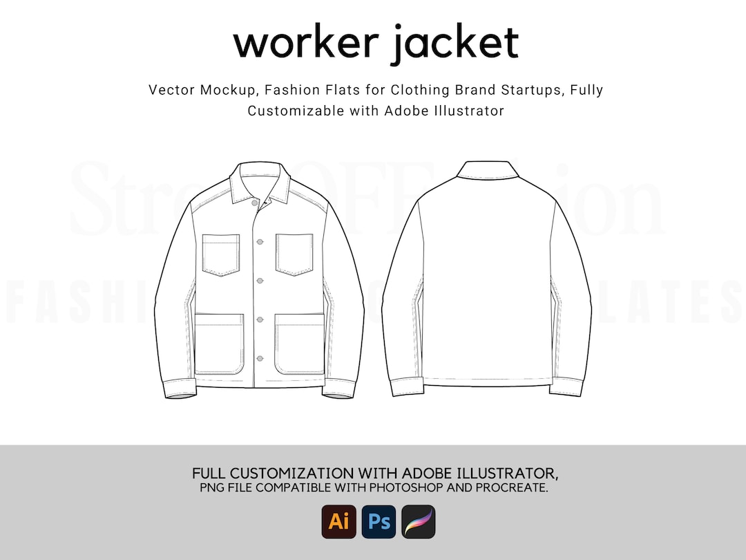 Worker Jacket Streetwear Design Digital Template - Flat Sketch Tech ...