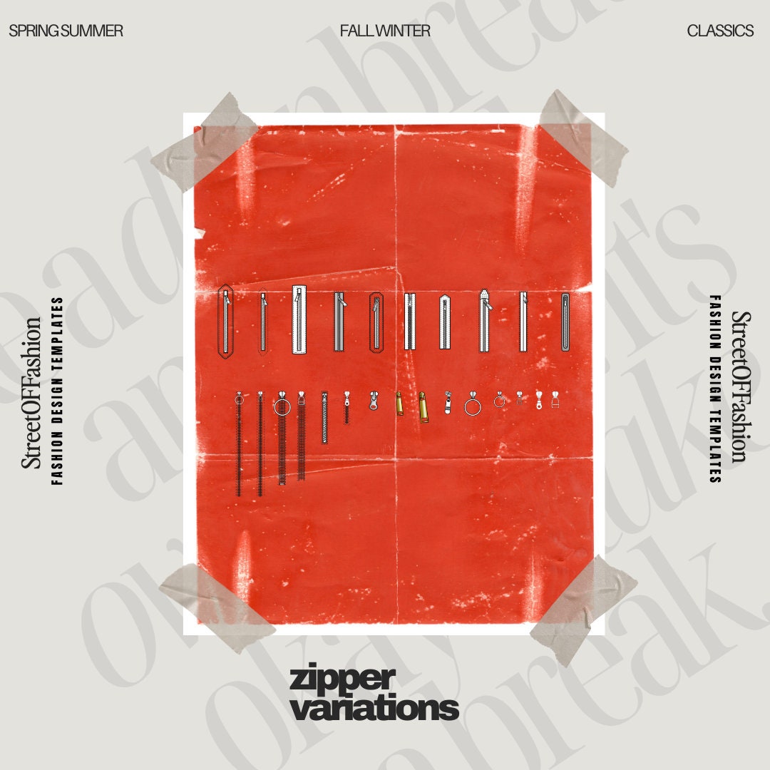 Zipper Pockets and Zippers Flat Technical Drawing Illustration Classic ...
