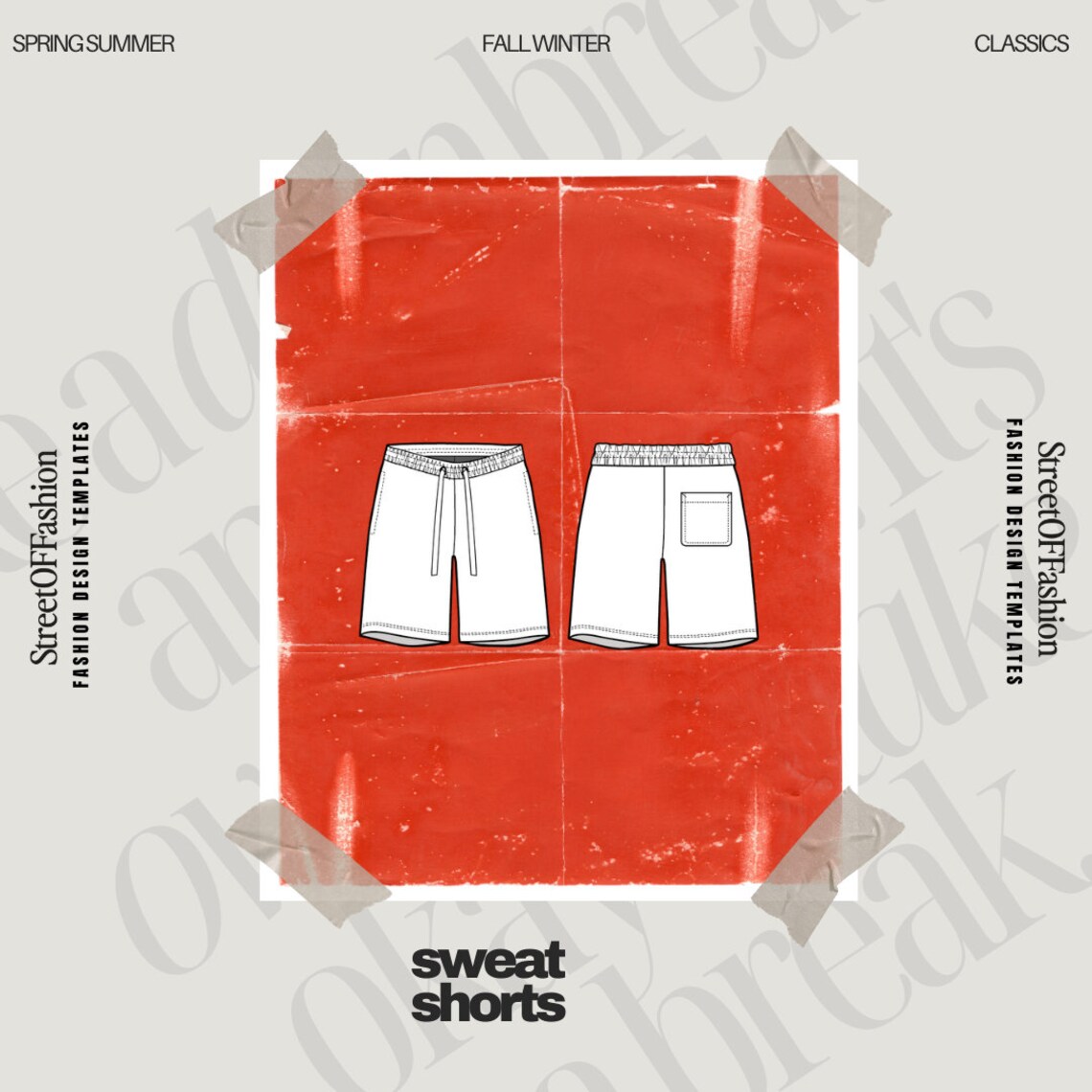 Sweatshorts Flat Technical Drawing: Streetwear Design Template - Etsy