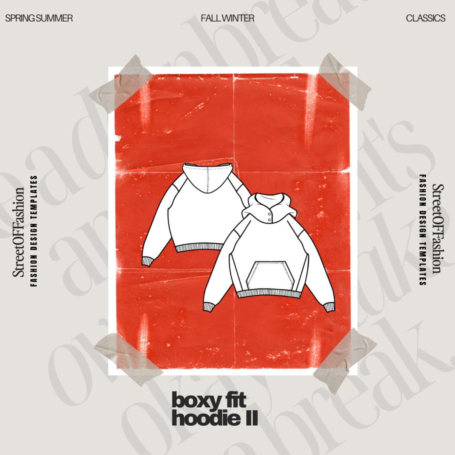 Boxy Hoodie II Flat Technical Drawing Illustration Classic Blank ...
