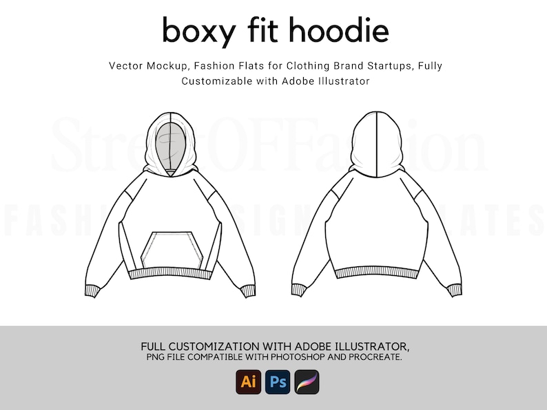 Sudadera con capucha Boxy Fit Vector Ai. Archivo Dibujo Técnico Plano ...
