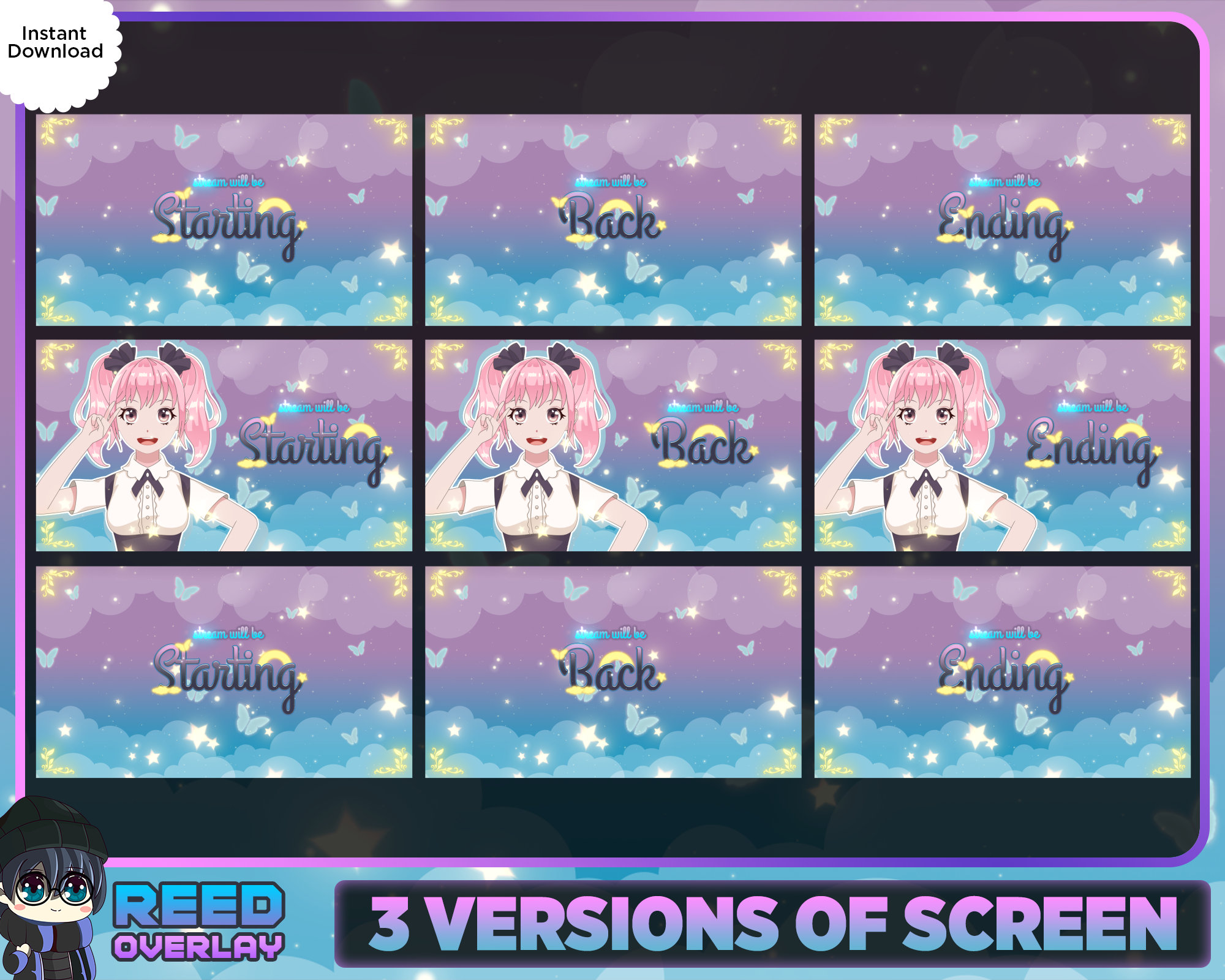 Cute Pastel V-tuber Stream Overlay Package star Wings Butterfly Rainbow ...