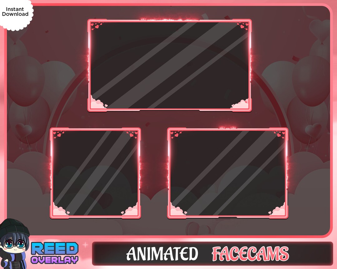 Cute Valentine Romantic Animated Facecam Overlay - Pink Hearts Baloons ...