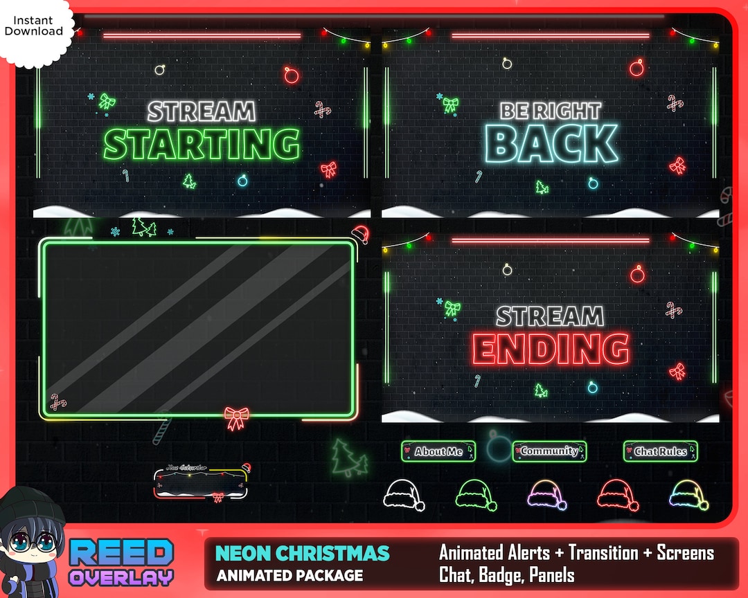 Neon Twitch Overlay Pack "neon Christmas" - Holiday Theme Full Animated Stream Package ...