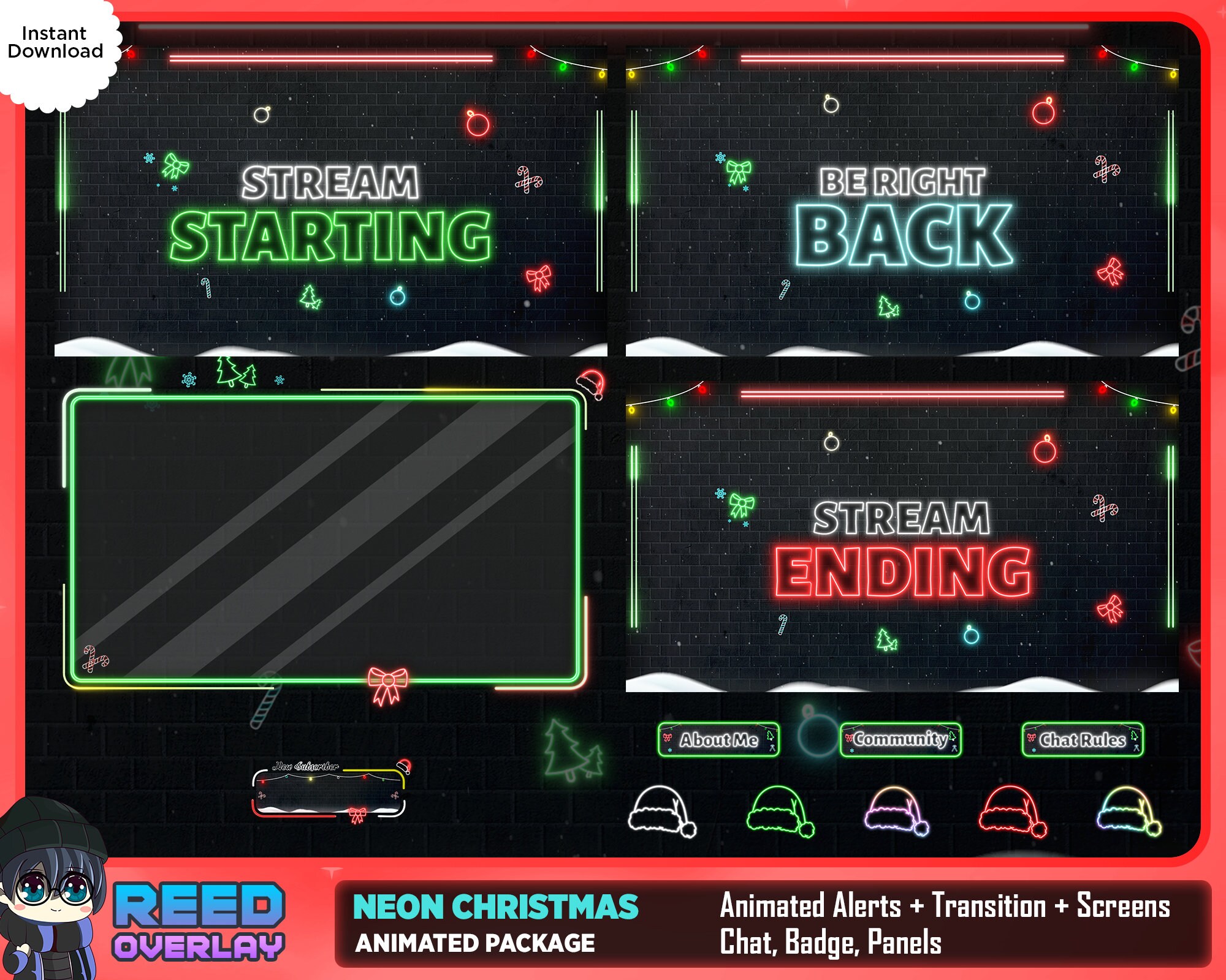 Neon Twitch Overlay Pack neon Christmas Holiday Theme Full Animated ...