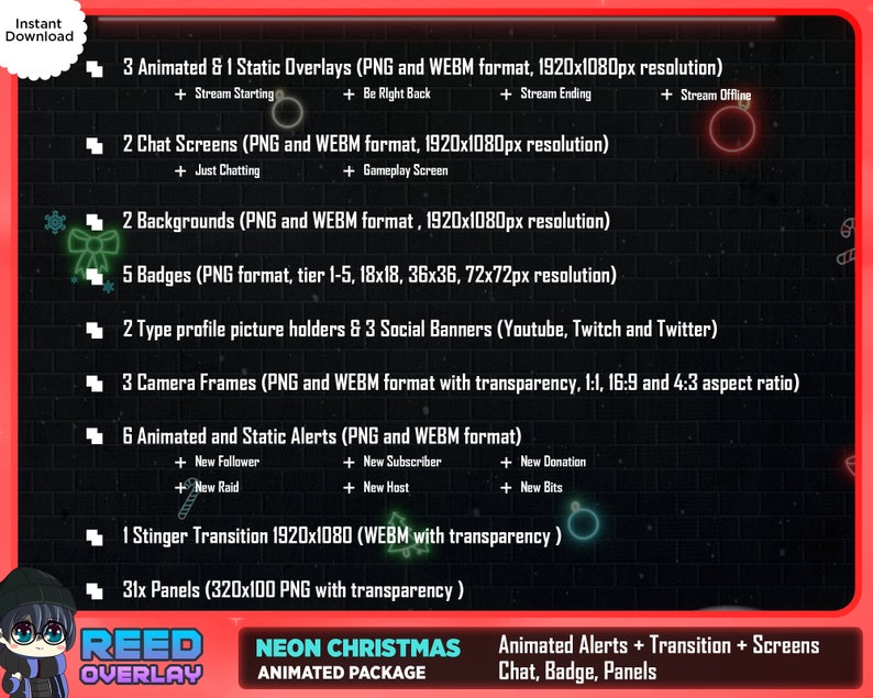 Neon Twitch Overlay Pack neon Christmas Holiday Theme Full Animated ...