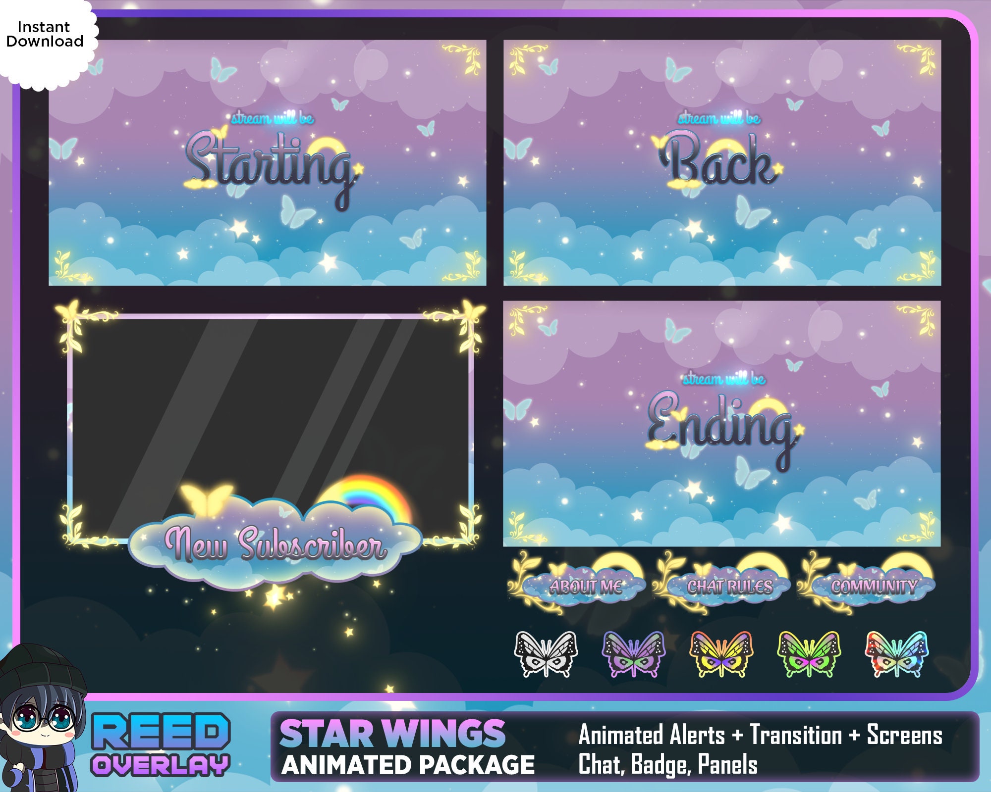 Cute Pastel V-tuber Stream Overlay Package star Wings Butterfly Rainbow ...