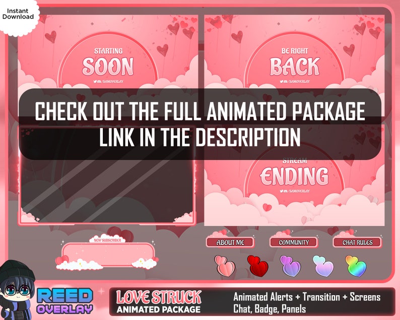 Valentine Cute Romantic Animated Stream Alerts Pack Pink Hearts Baloons ...