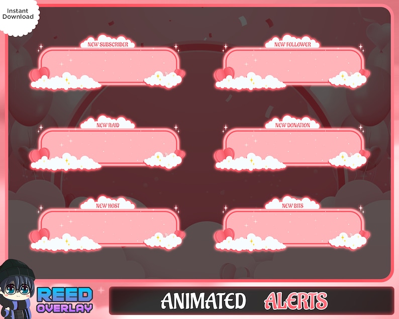 Valentine Cute Romantic Animated Stream Alerts Pack - Pink Hearts ...