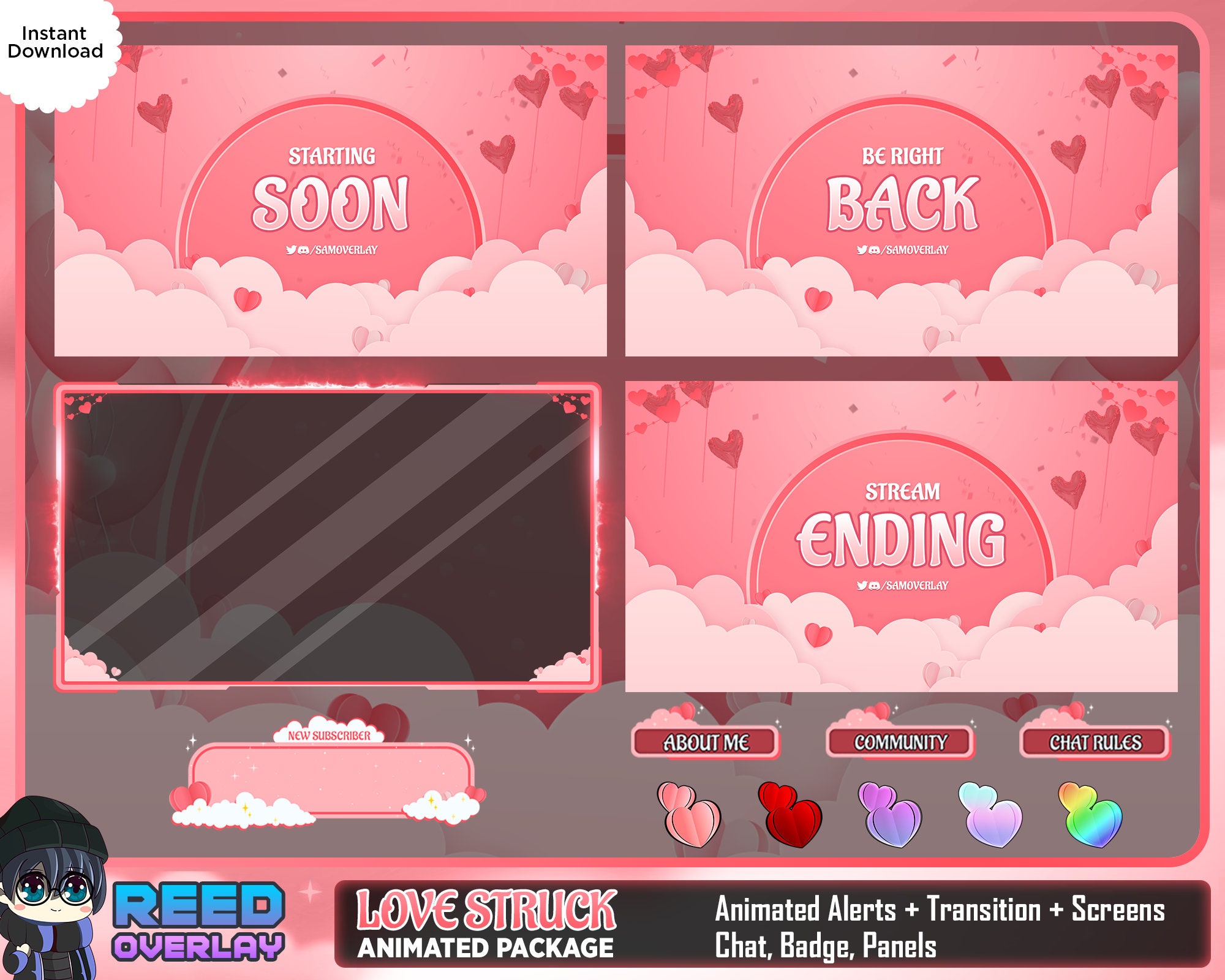 Romantic Valentine Theme Twitch Overlay Package Cute Lofi Pastel Pink ...