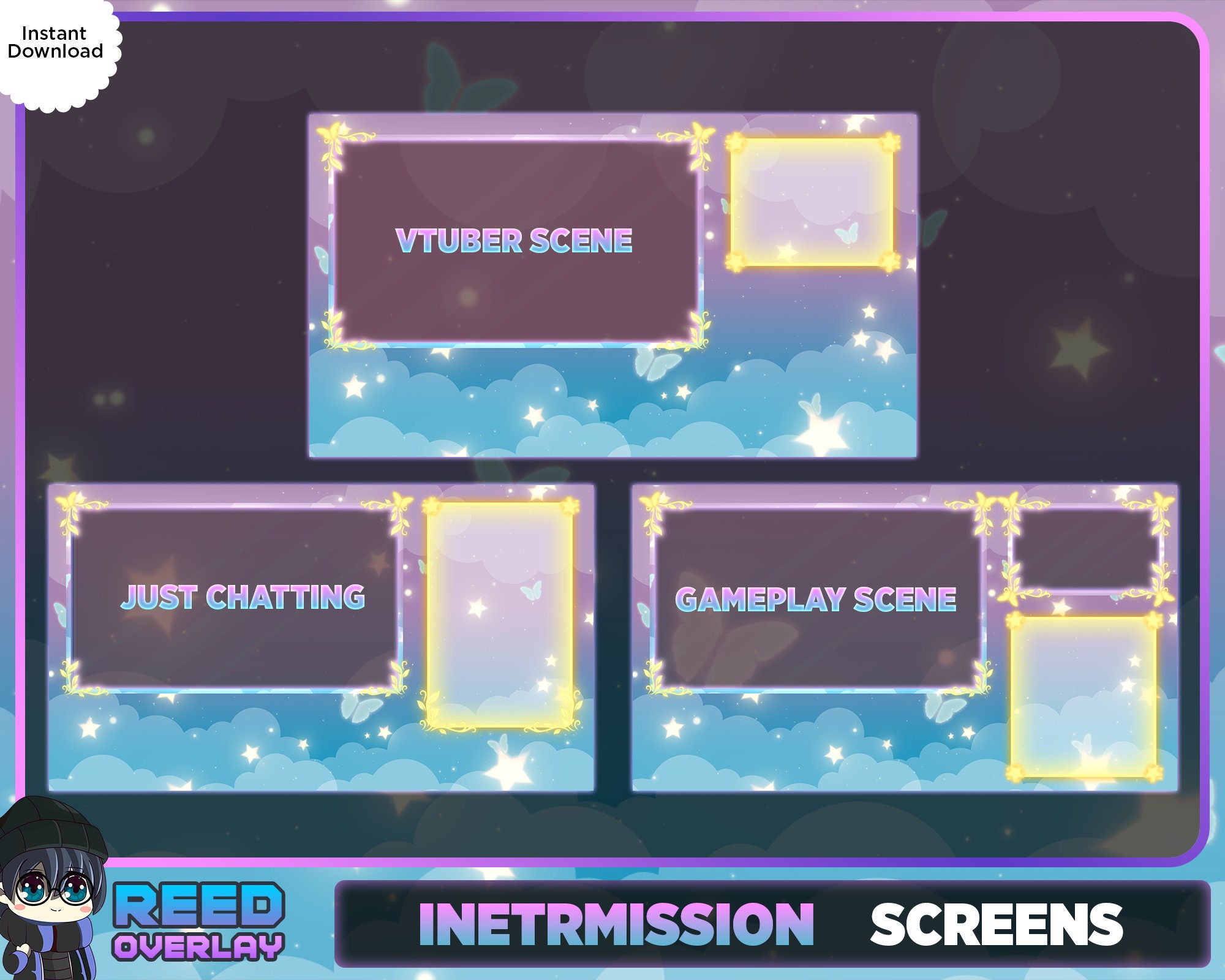 Cute Pastel V-tuber Stream Overlay Package star Wings Butterfly Rainbow ...