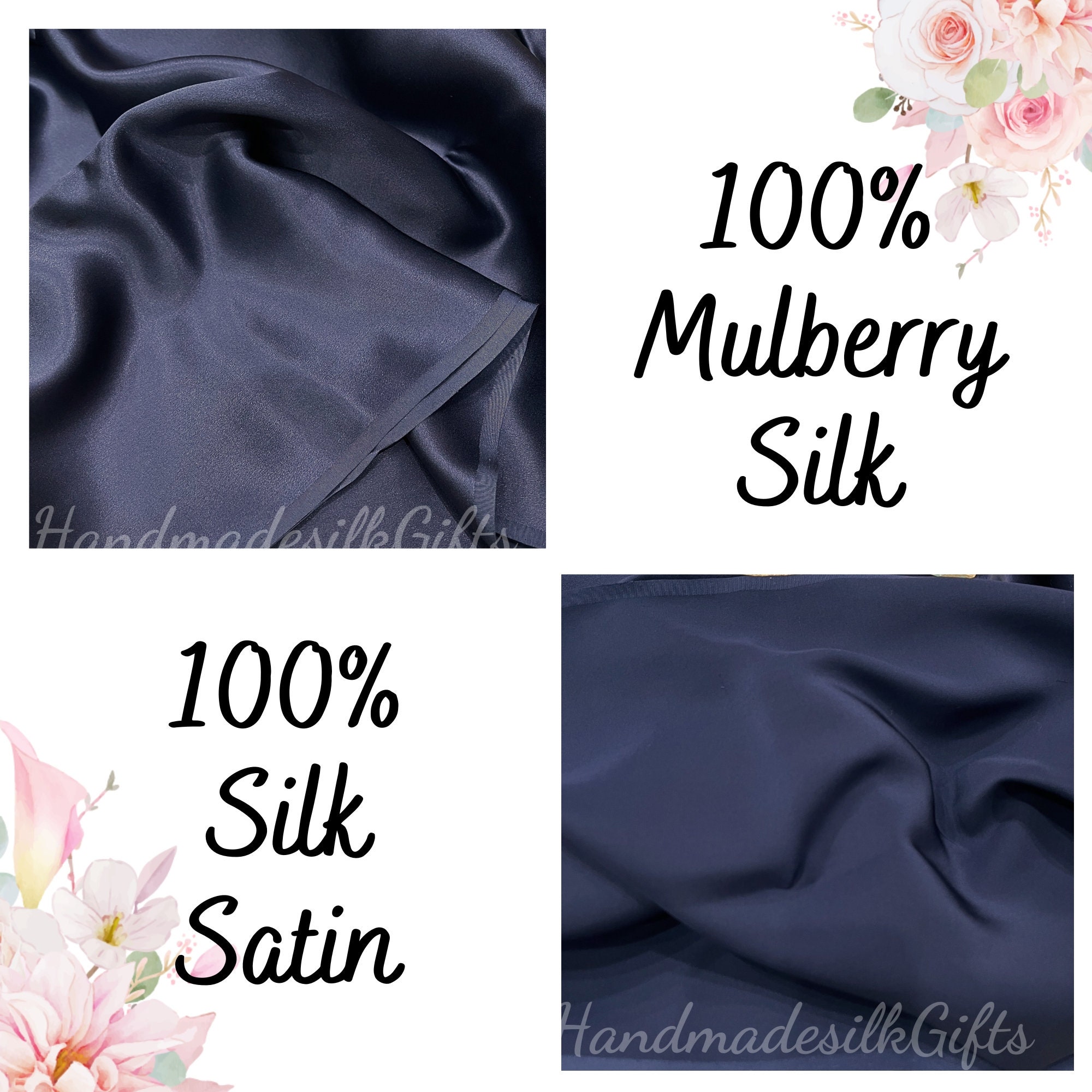 100% PURE MULBERRY SILK Fabric by the Yard - Dark Blue Silk Satin ...