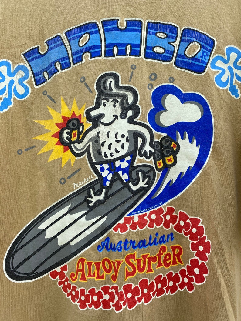 Vintage Mambo Australia Alloy Surfer Pop Art Mustard Tshirt XL 1990's ...