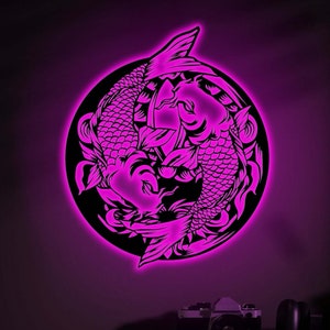 Metal Koi Fish Wall Art LED Lights, Feng Shui Koi Fish Wall Decor, Yin ...