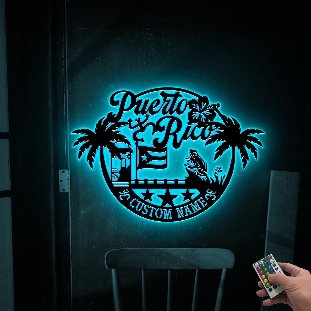 Personalized Puerto Rico Flag Metal Wall Art LED Light, Custom Puerto ...