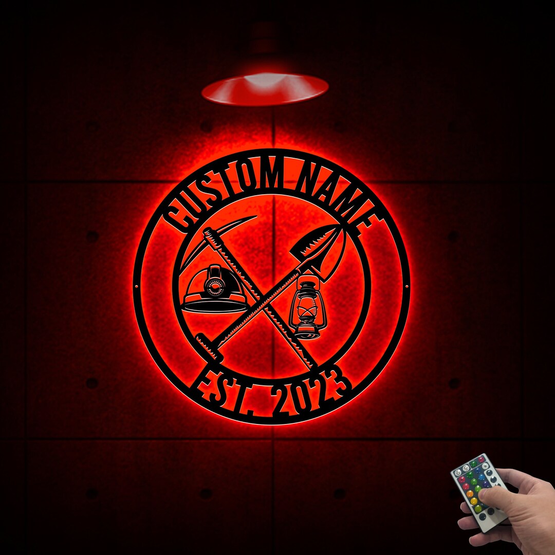 Custom Mining Tools Metal Wall Art With Led Light, Coal Miner Name Sign ...