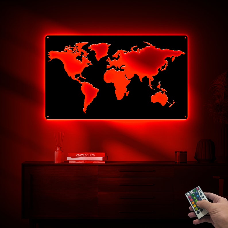 Metal World Map Continents Sign With LED Lights World Map - Etsy