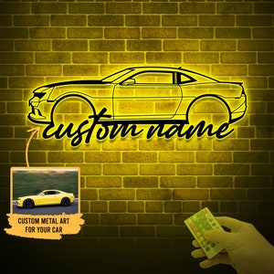 Custom Name Car Silhouette Metal Sign With Light, Car Metal Wall Art ...