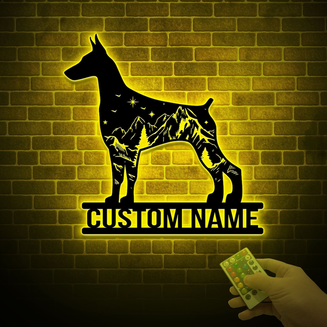 Custom Doberman Pinscher Metal Sign With LED Lights, Mountain Forest ...