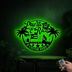 Personalized Puerto Rico Flag Metal Wall Art LED Light, Custom Puerto ...