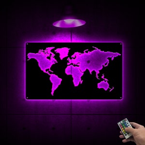 Metal World Map Continents Sign With LED Lights, World Map Home Decor ...