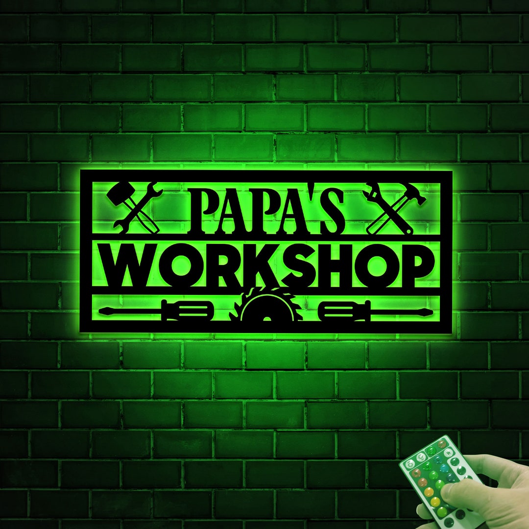 Papa's Work Shop Sign With LED Lights, Dads Workshop Metal Sign ...