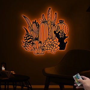 Cactus Metal Wall Art With Led Light, Cactus Flower Metal Sign, Home ...