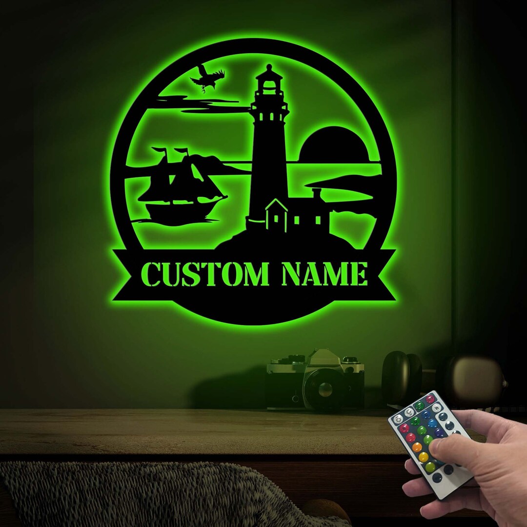 Custom Lighthouse Metal Sign With LED Light, Coastal Lighthouse Decor ...