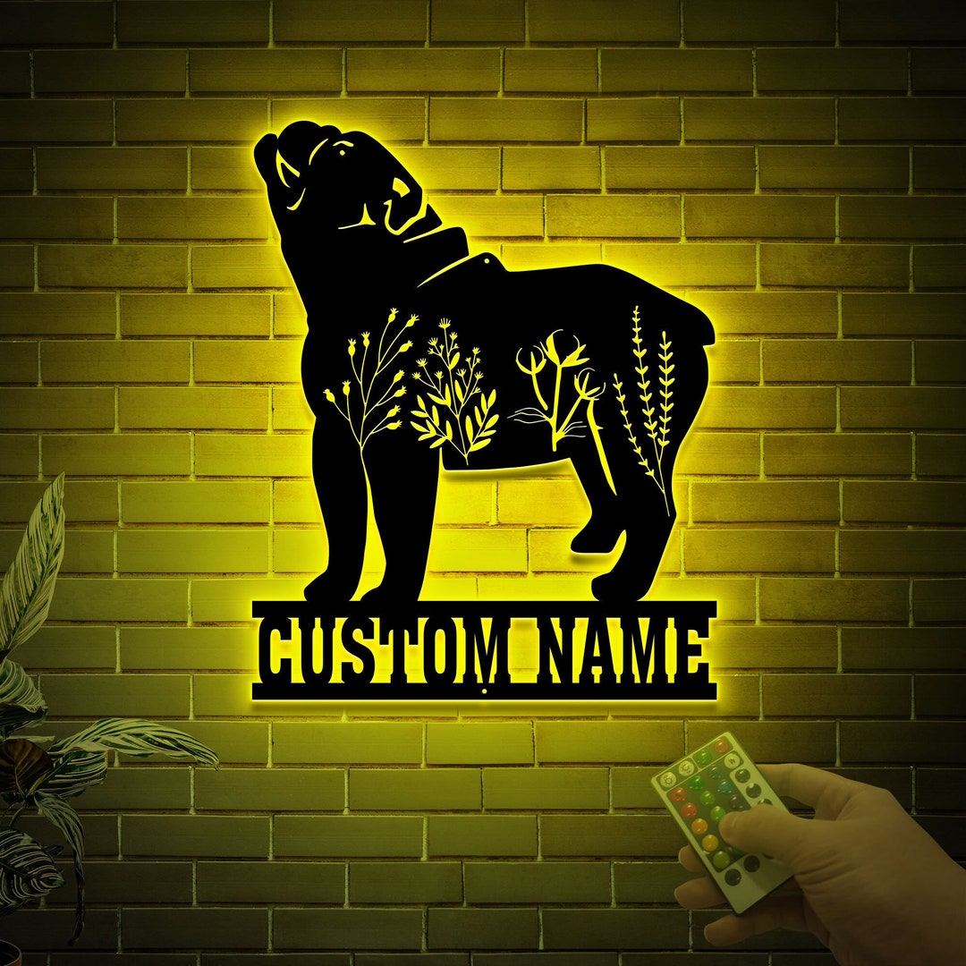 Custom Floral English Bulldog Metal Sign With Light, Personalized ...