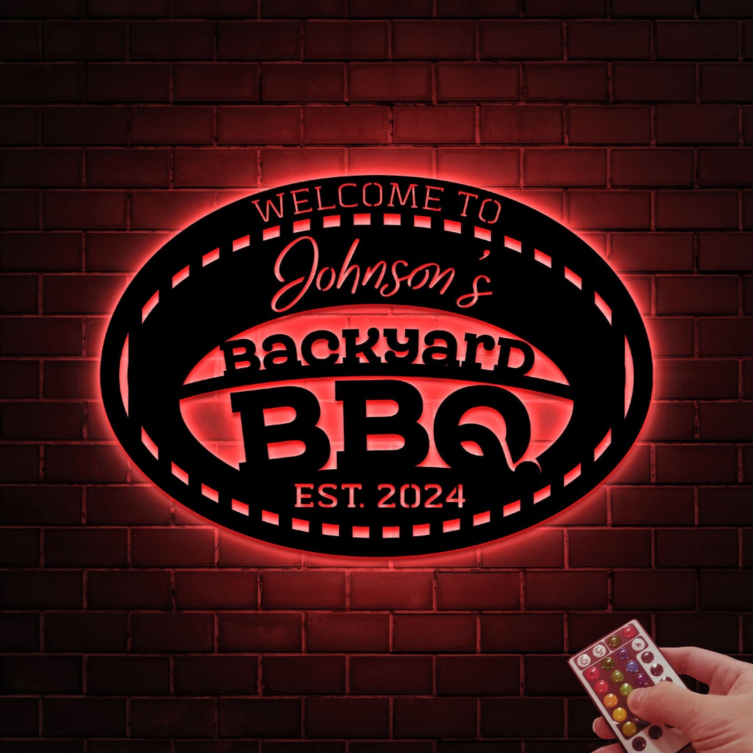 Custom Backyard BBQ Metal Sign With Lights, Welcome Sign, Backyard Wall ...